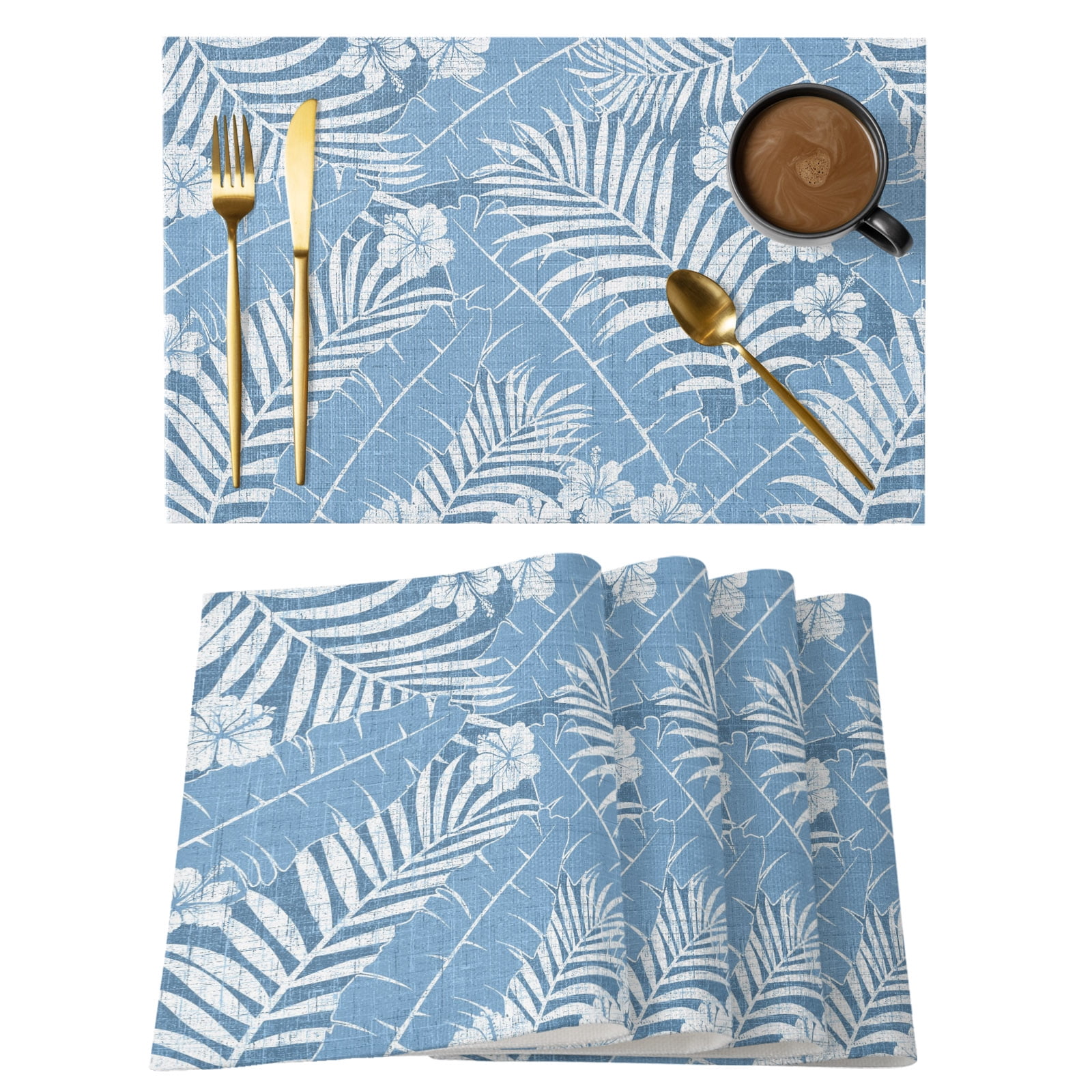 Blue Tropical Plants Placemats Set of 12 Summer Palm Trees Botanical ...