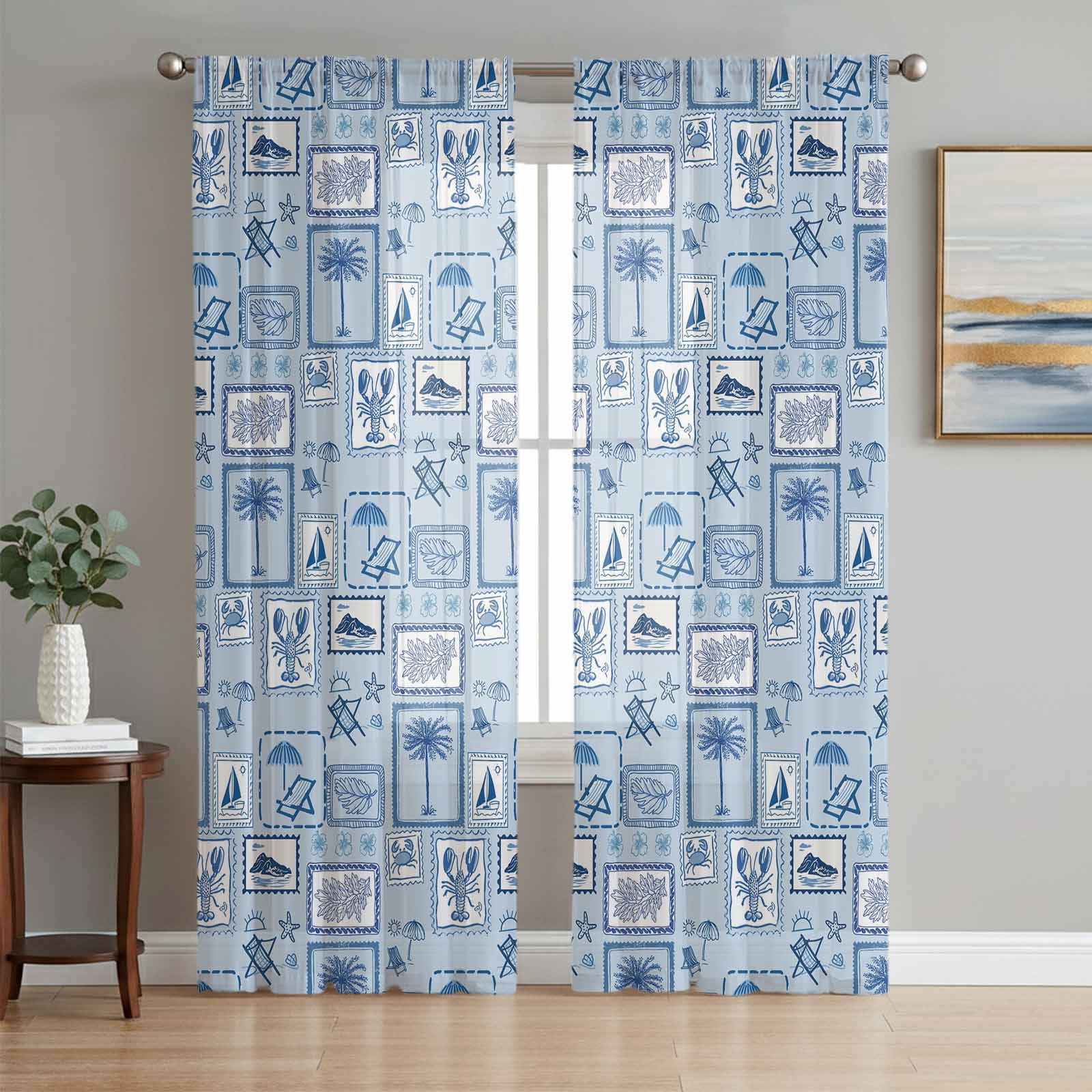 Blue Tropical Plants Sheer Curtains for Living Room Bedroom Summer ...