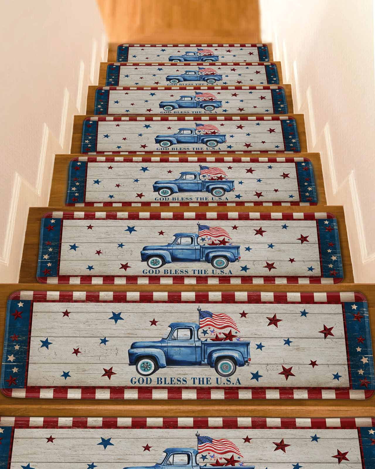 Blue Truck American Flag Stair Treads Non Slip for Steps Independence ...