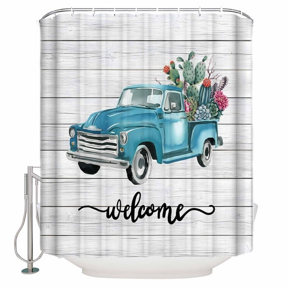 Blue Truck Bathroom Shower Curtains with 12 Hooks Polyester Waterproof ...