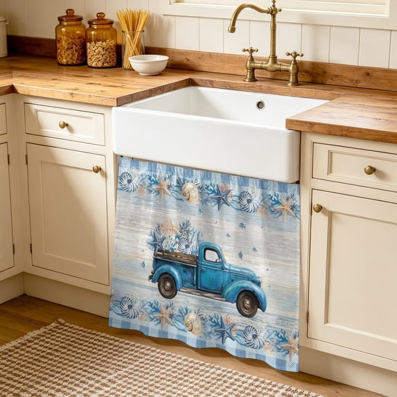 Blue Truck Coastal Cabinet Curtains 35"W x 35"L, Summer Beach Coral ...
