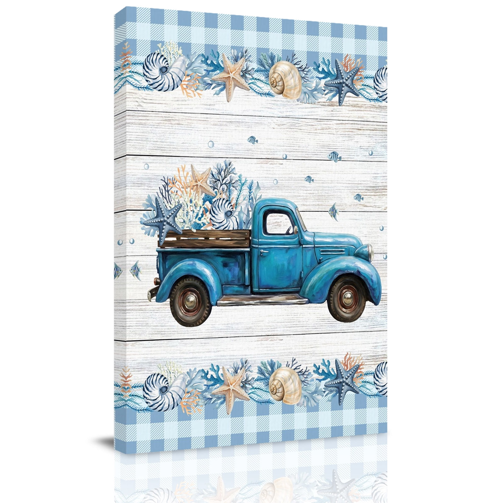 Blue Truck Coastal Canvas Wall Art for Living Room, Summer Starfish ...