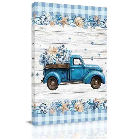 Blue Truck Coastal Canvas Wall Art for Living Room, Summer Starfish ...