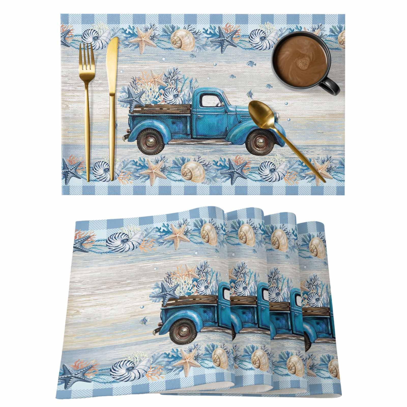 Blue Truck Coastal Cotton Linen Placemats Set of 8, Summer Starfish ...