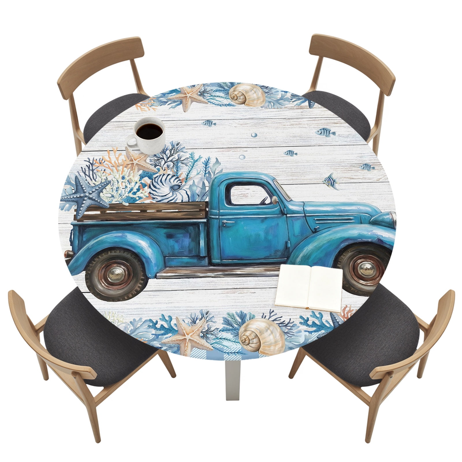 Blue Truck Coastal Round Fitted Table Cover Summer Starfish Beach Coral ...