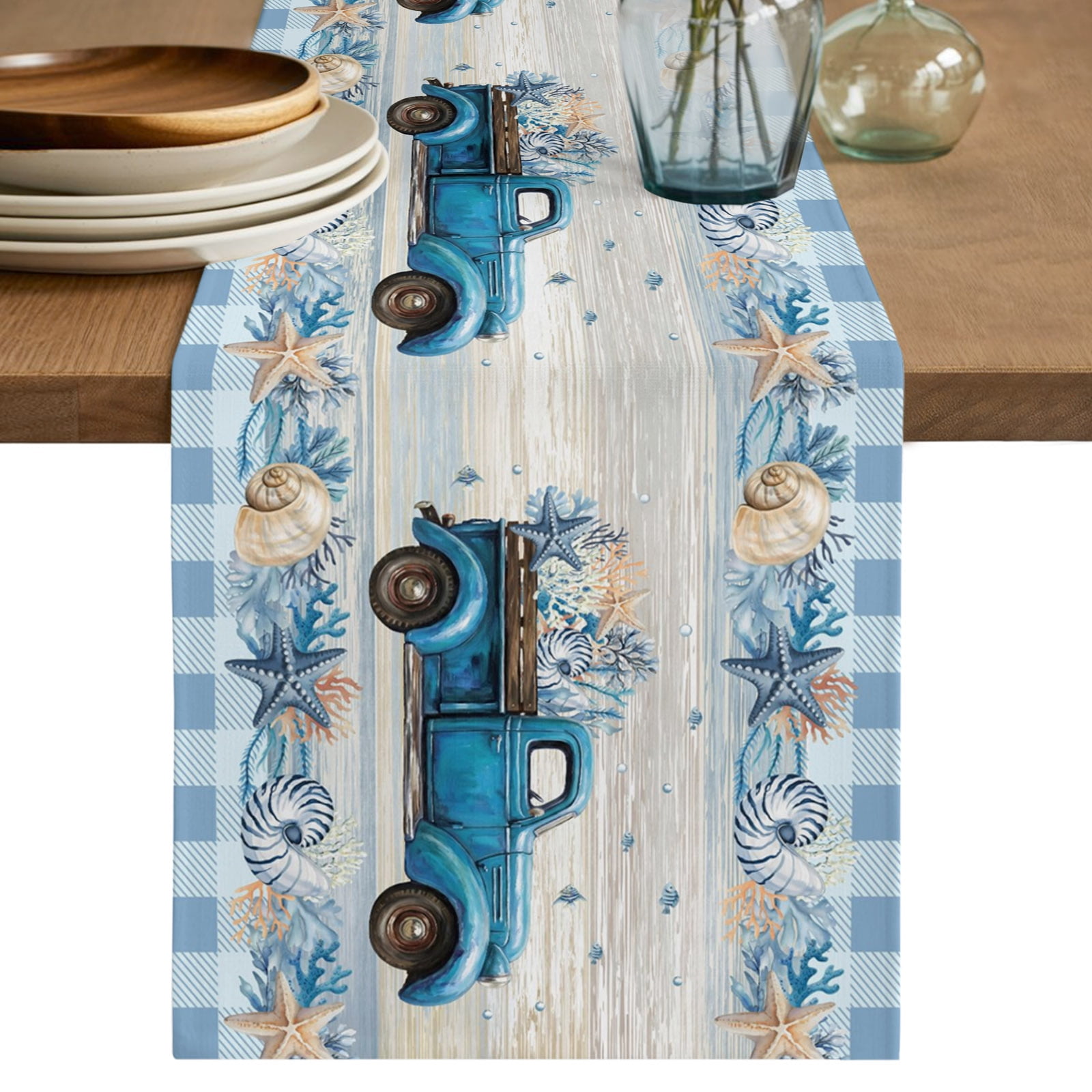 Blue Truck Coastal Table Runner 70 Inches Long,Summer Beach Coral ...