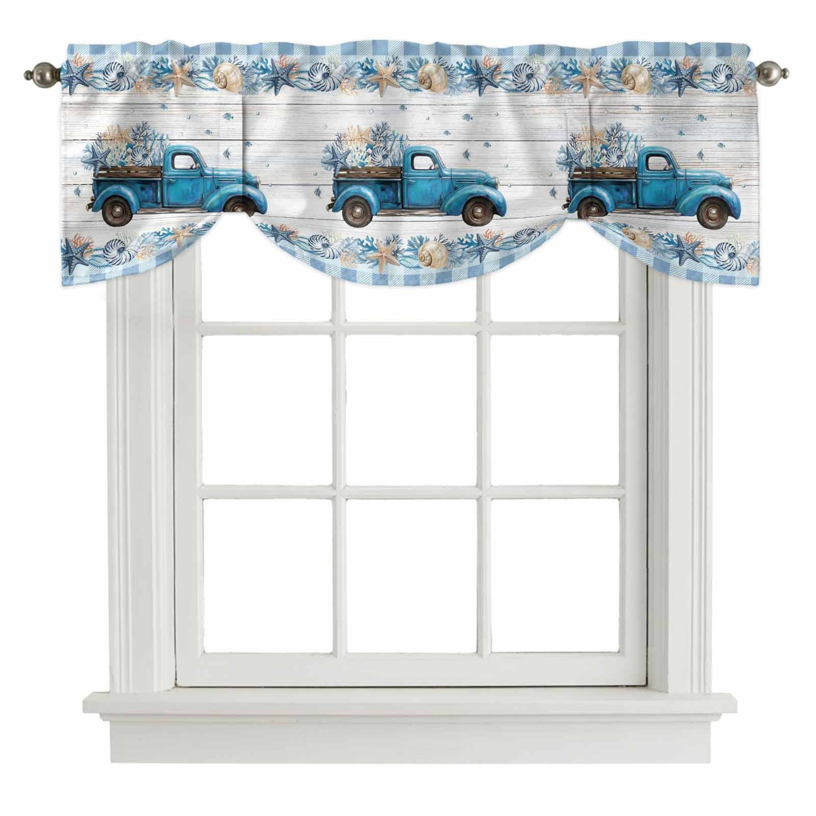 Blue Truck Coastal Tie Up Valance Curtains Summer Starfish Beach Coral ...