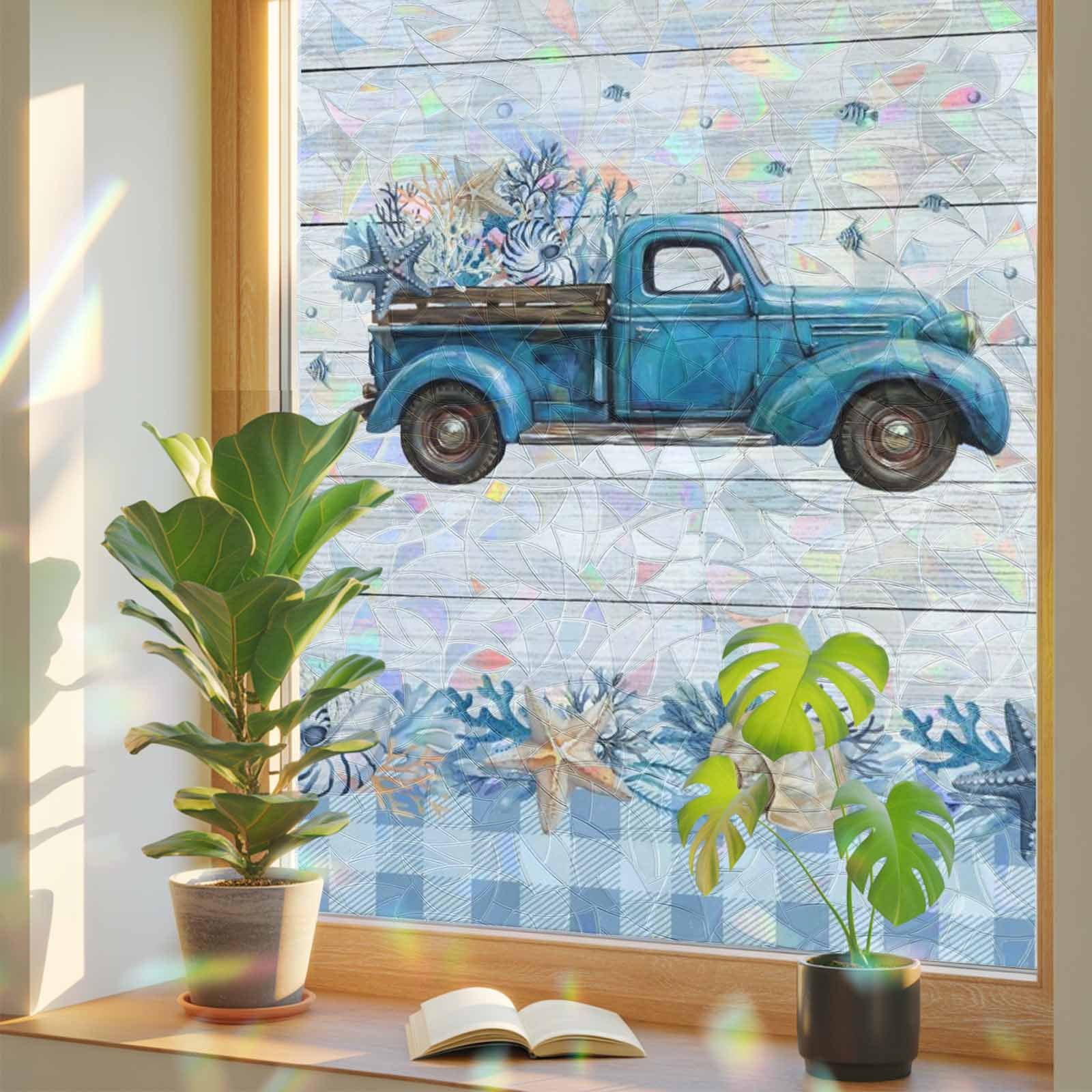 Blue Truck Coastal Window Privacy Film Rainbow Static Cling Stain Glass ...