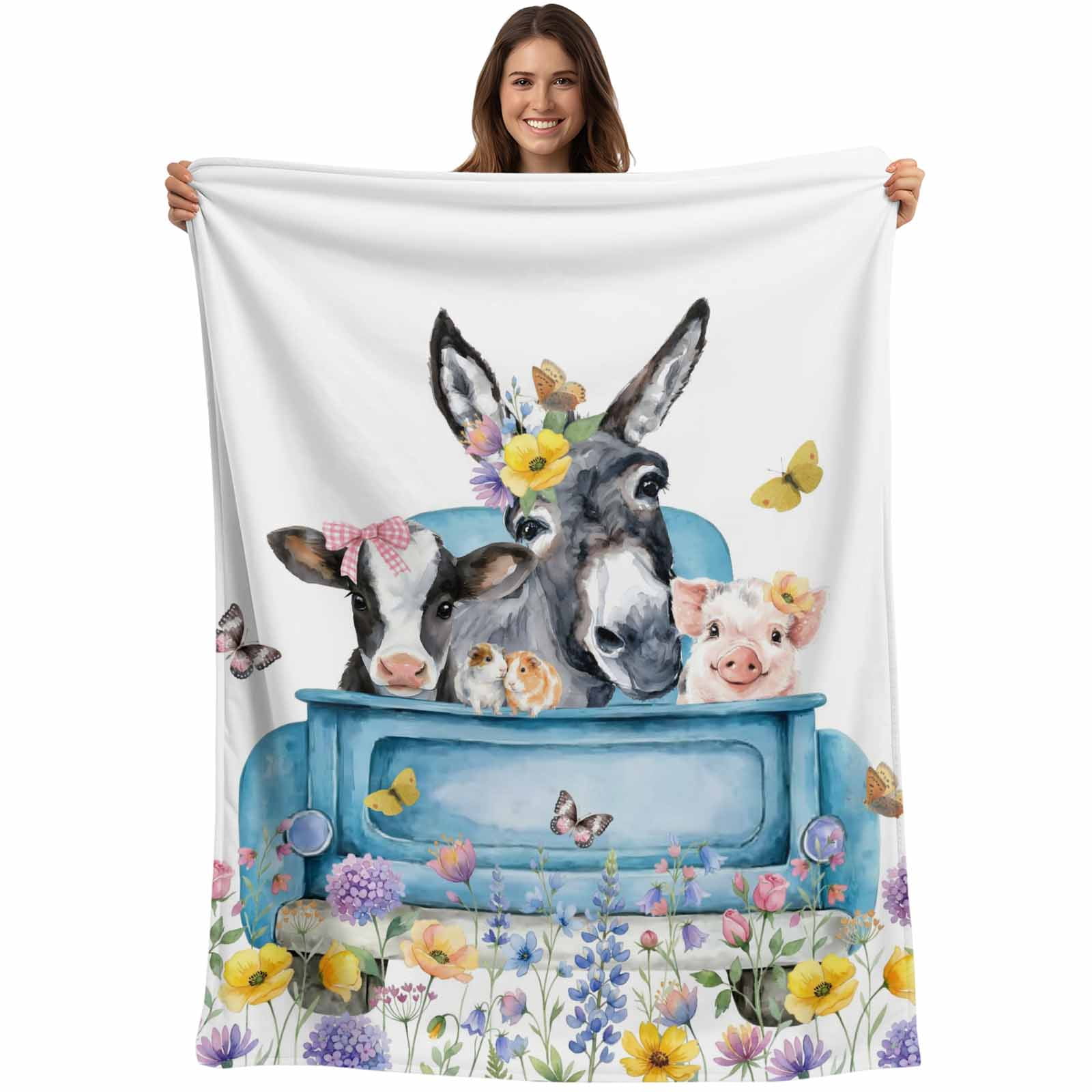 Blue Truck Cow Blanket Soft Cozy Warm Twin Blanket for Bed, Plush Fuzzy ...