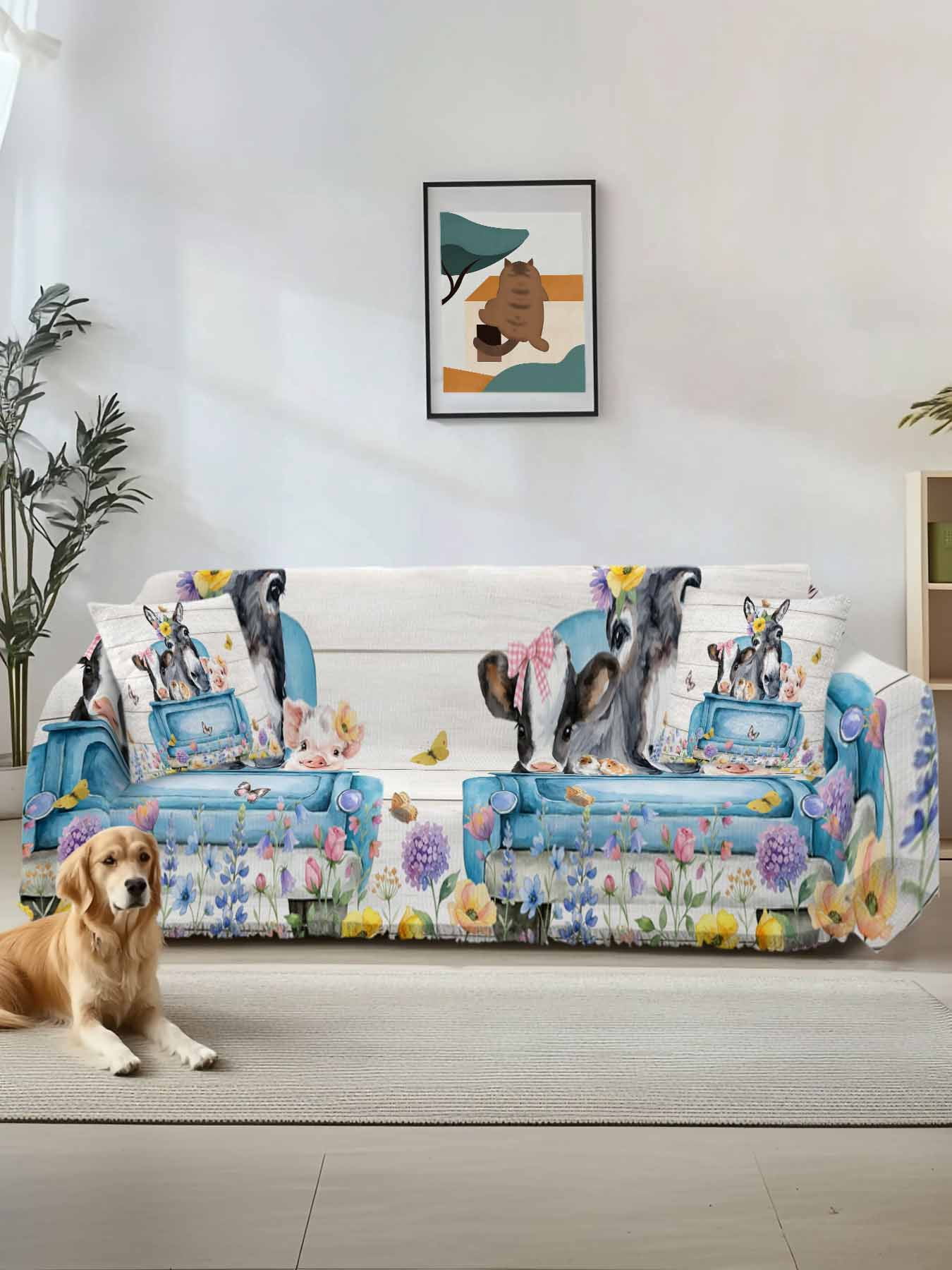 Blue Truck Cow Couch Cover, Animals Spring Floral Butterfly Wooden Sofa ...