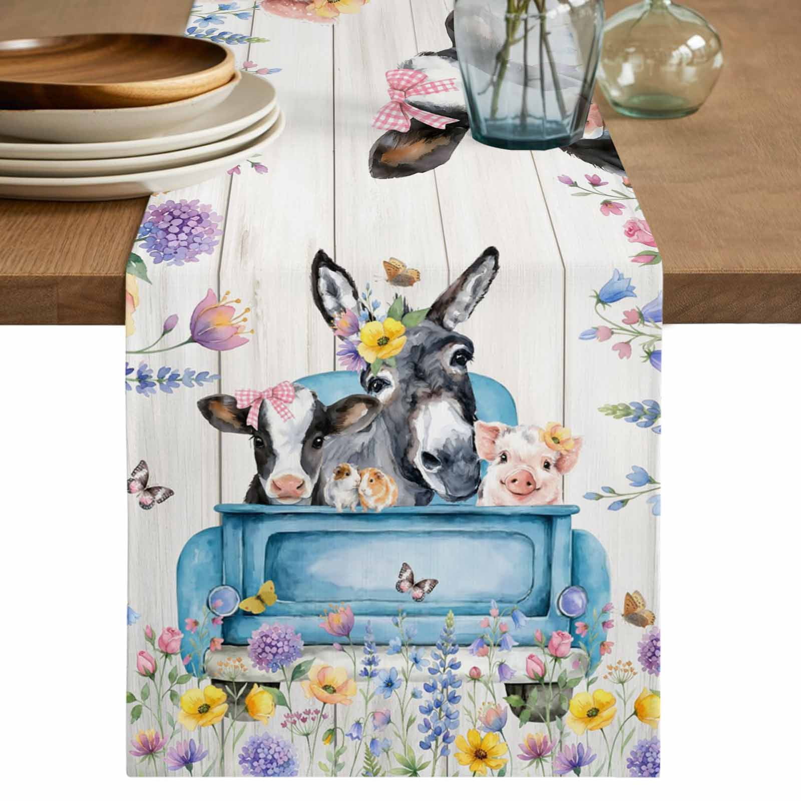 Blue Truck Cow Table Runner, Animals Spring Floral Butterfly Wooden ...