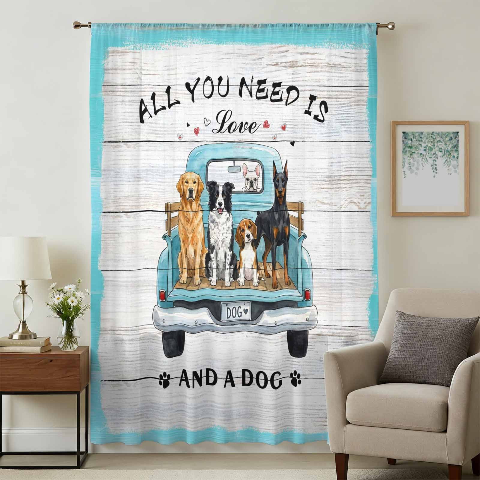 Blue Truck Dog Sheer Curtains 96 Inches Long, Country Vintage Car Text ...