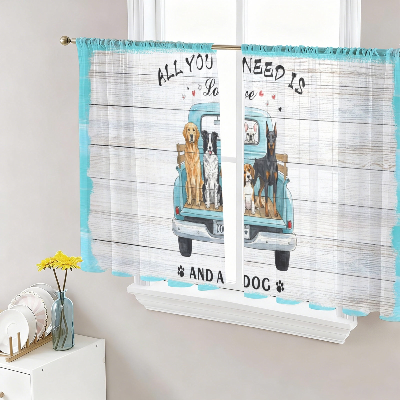 Blue Truck Dog Sheer Curtains for Living Room Bedroom Country Vintage ...