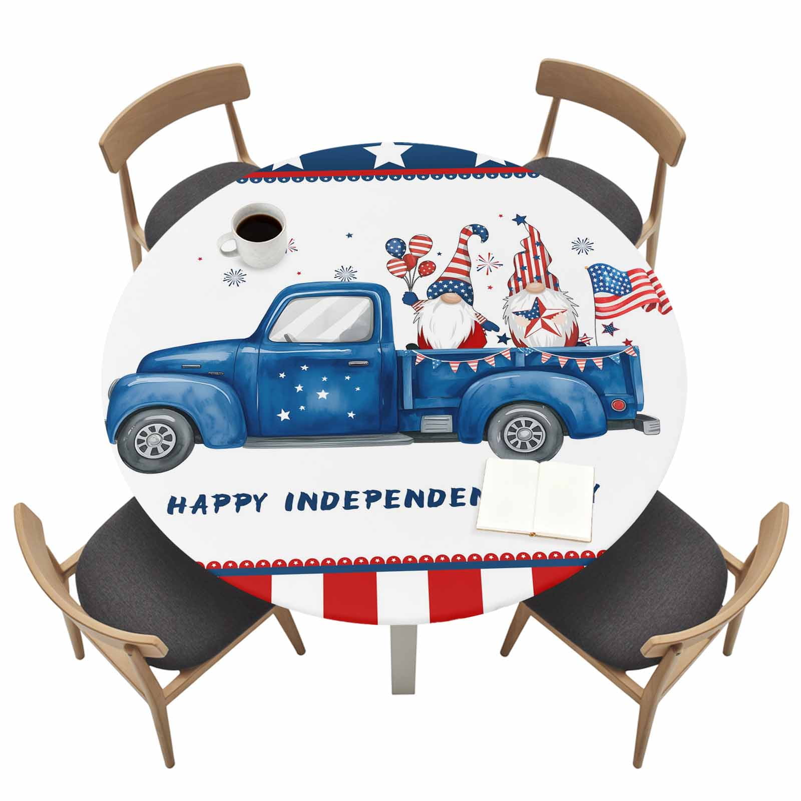 Blue Truck Round Fitted Tablecloth with Elastic Edge Happy Independence ...