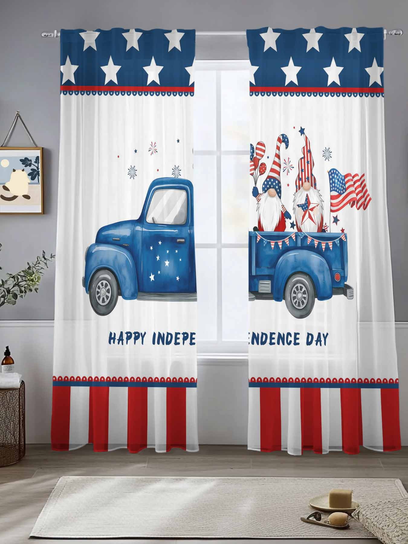 Blue Truck Sheer Curtains 2 Panels Set, Happy Independence Day U.S ...