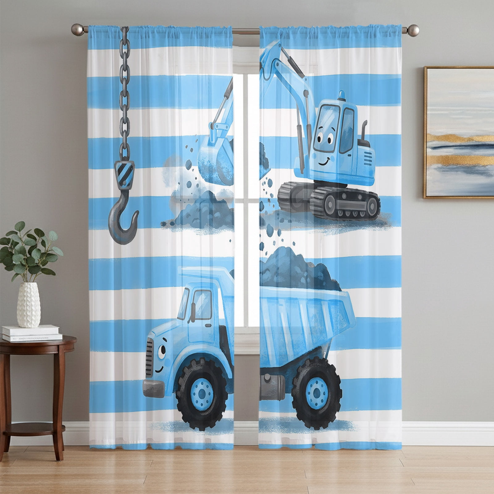 Blue Truck Sheer Curtains for Living Room Bedroom Cartoon Striped ...