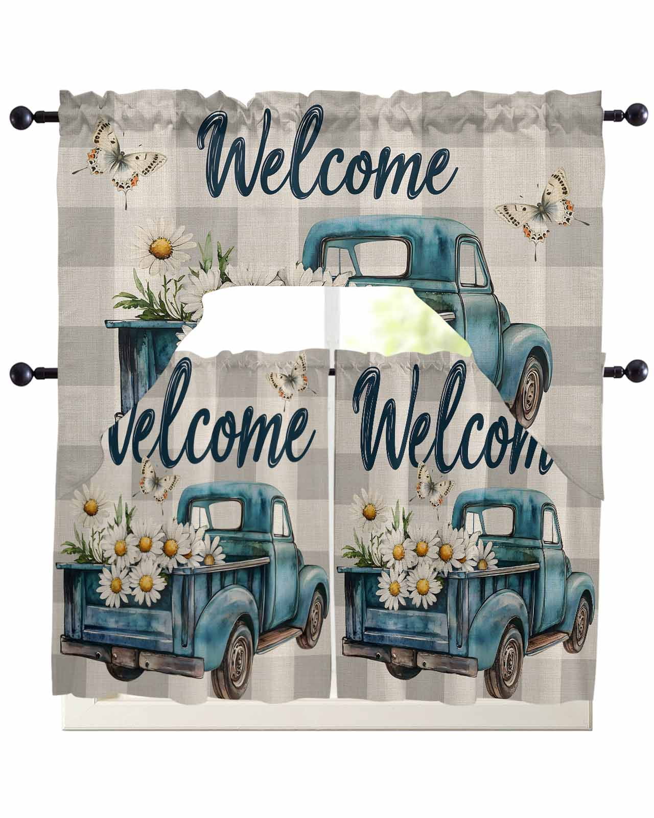 Blue Truck Spring Floral Kitchen Curtains Sets 24 Inch Length with ...