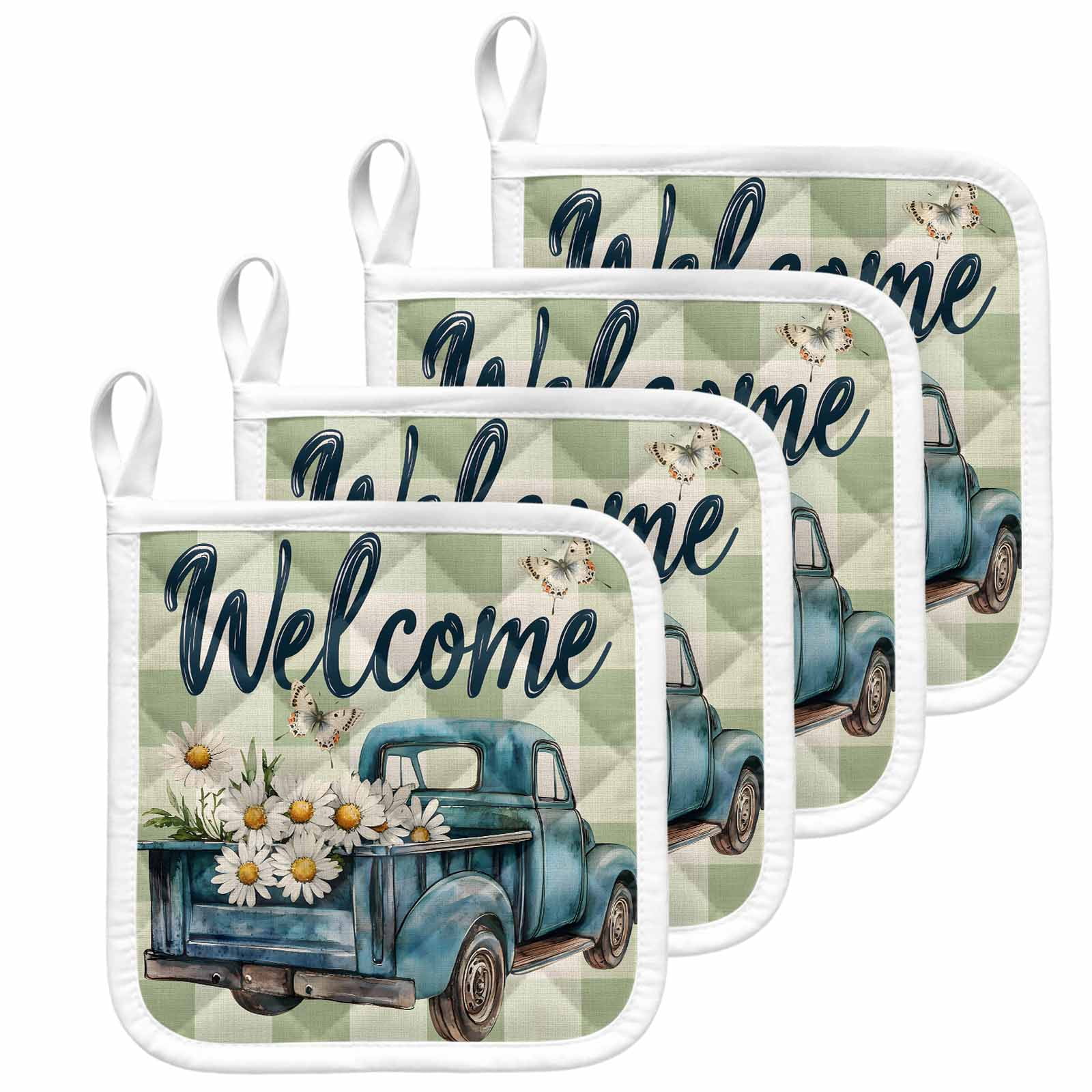 Blue Truck Spring Floral Pot Holders for Kitchen Heatproof Potholder, 4 ...