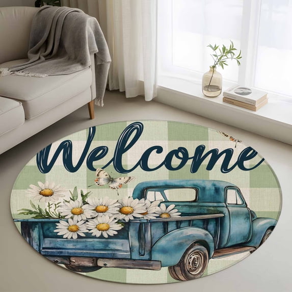 Blue Truck Spring Floral Round Area Rug 3 FT, Small Kitchen Bathroom ...