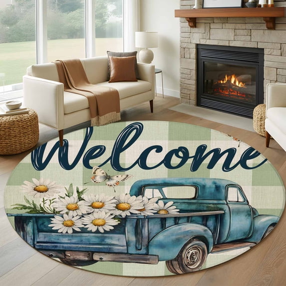 Blue Truck Spring Floral Round Area Rug 6 FT, Non Slip Bedroom Rugs ...