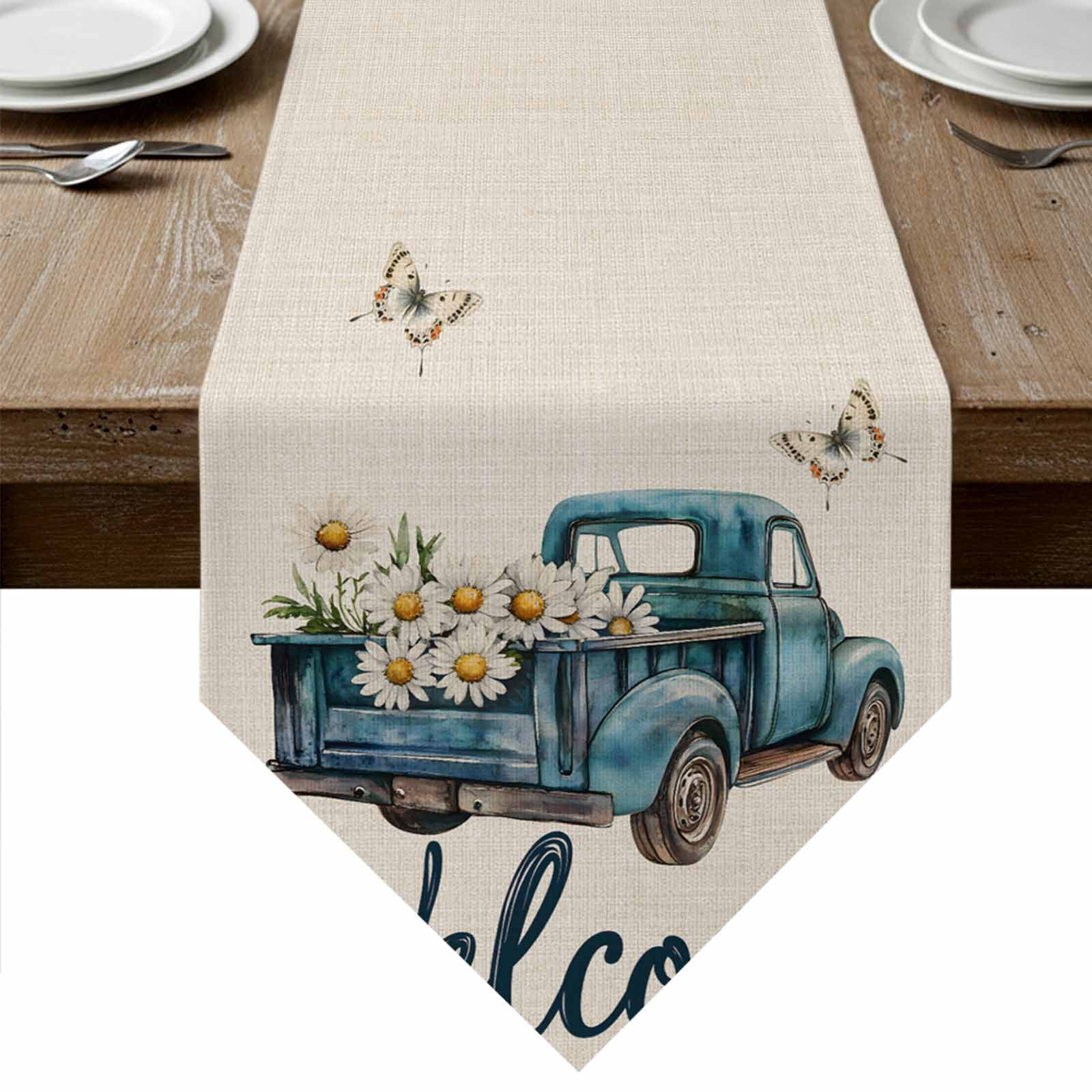 Blue Truck Spring Floral Table Runner Linen Burlap Table Runner 60 ...