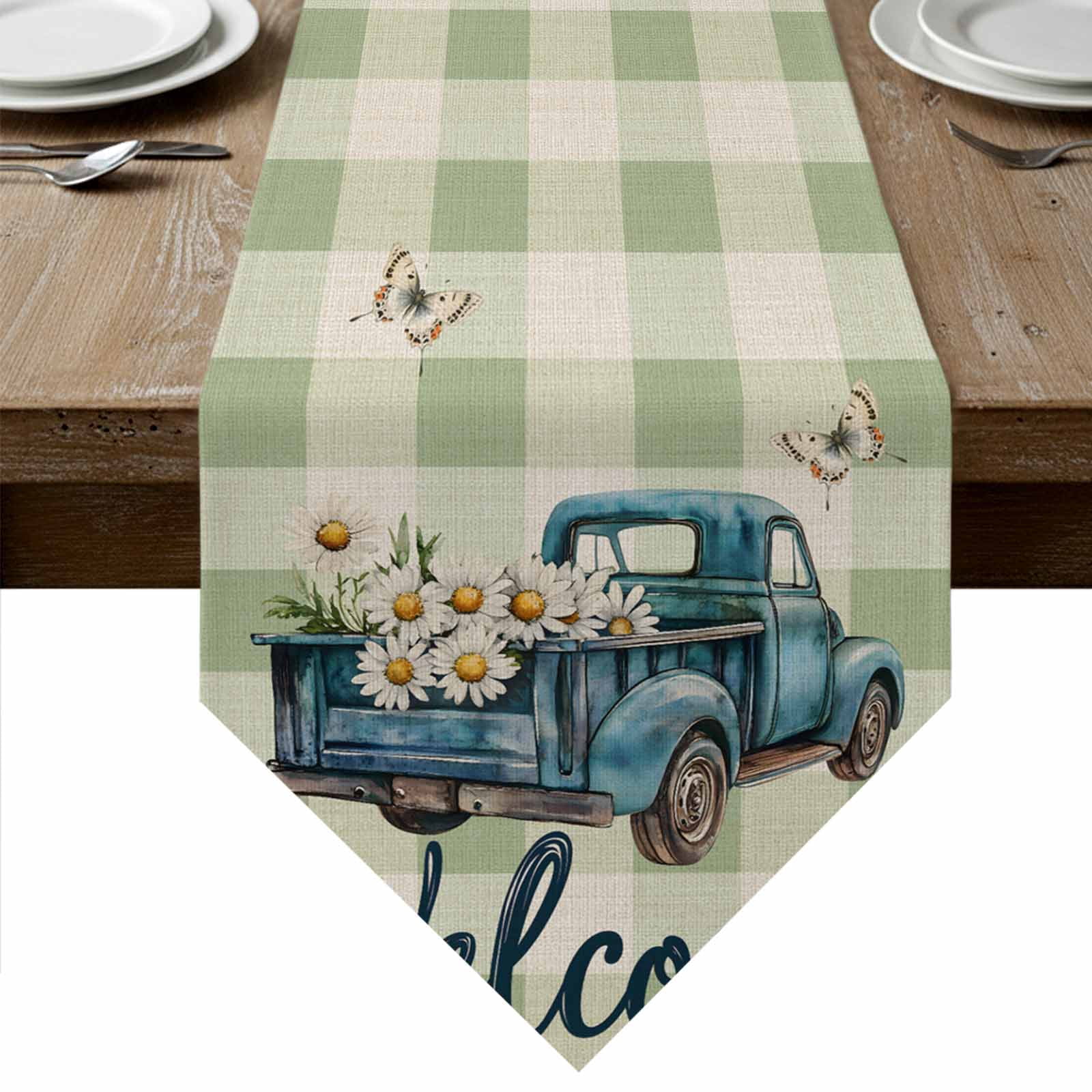 Blue Truck Spring Floral Table Runner Linen Burlap Table Runner 70 ...