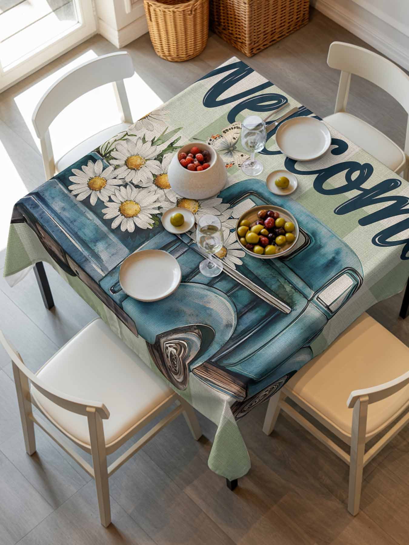 Blue Truck Spring Floral Tablecloth Square Table Cloth 54x54 ...