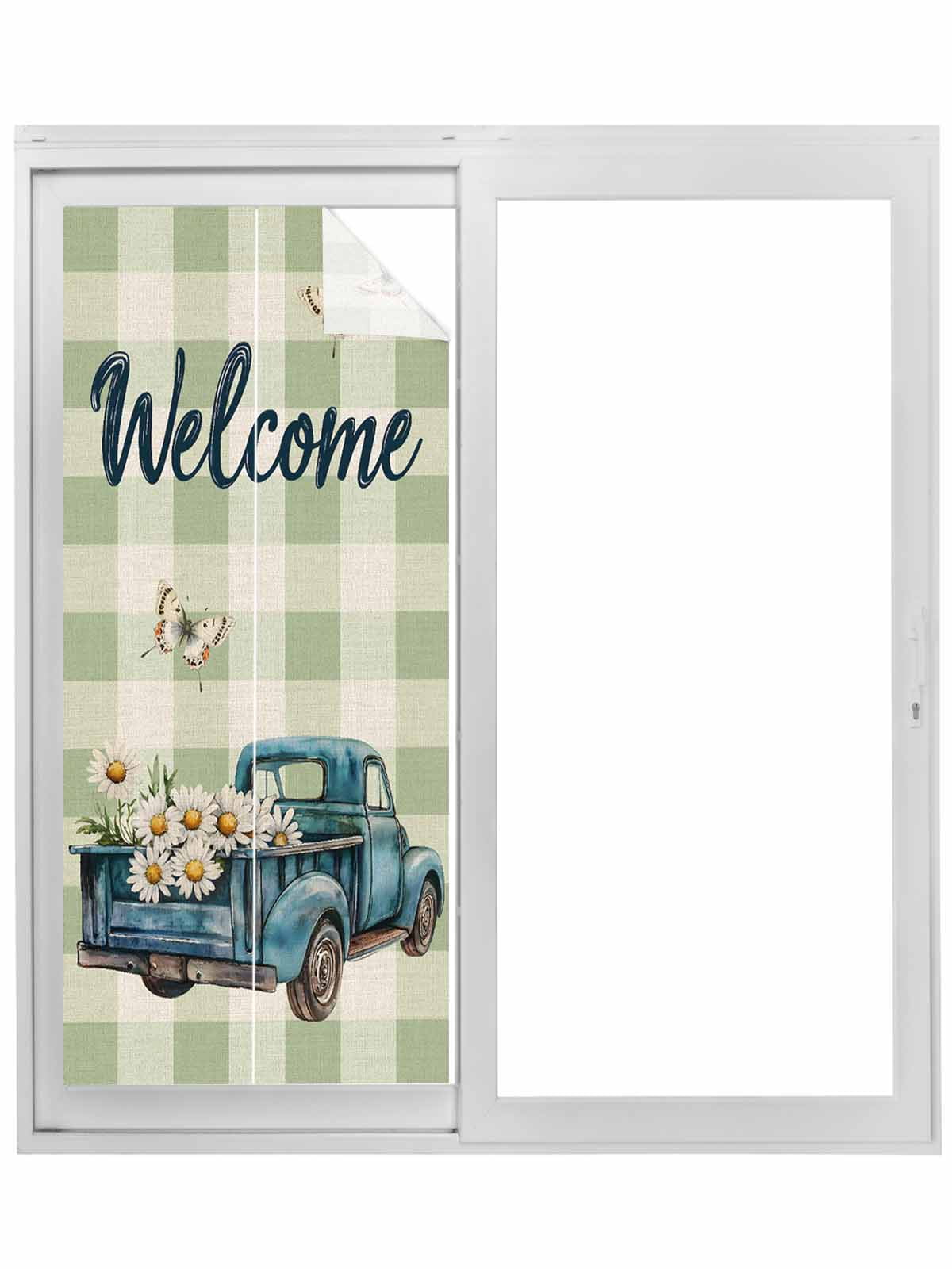 Blue Truck Spring Floral Window Privacy Film, Sage Green Plaid ...