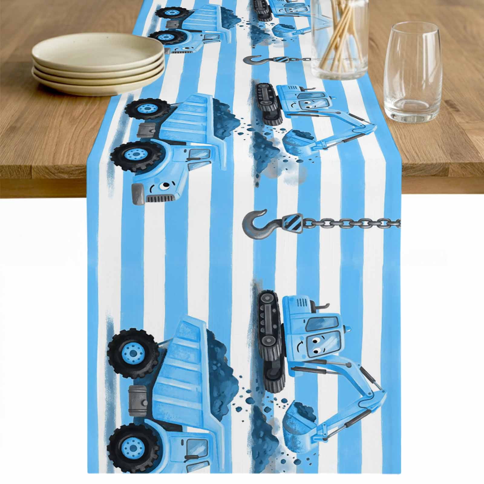 Blue Truck Table Runner - 70 Inch Long Cartoon Striped Farmhouse Modern ...