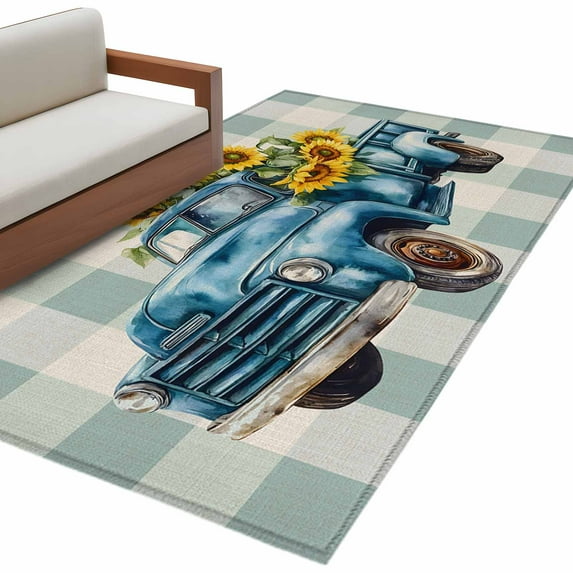 Blue Truck Yellow Sunflower Area Rug 3x5 FT, Non Slip Entryway Bedside ...