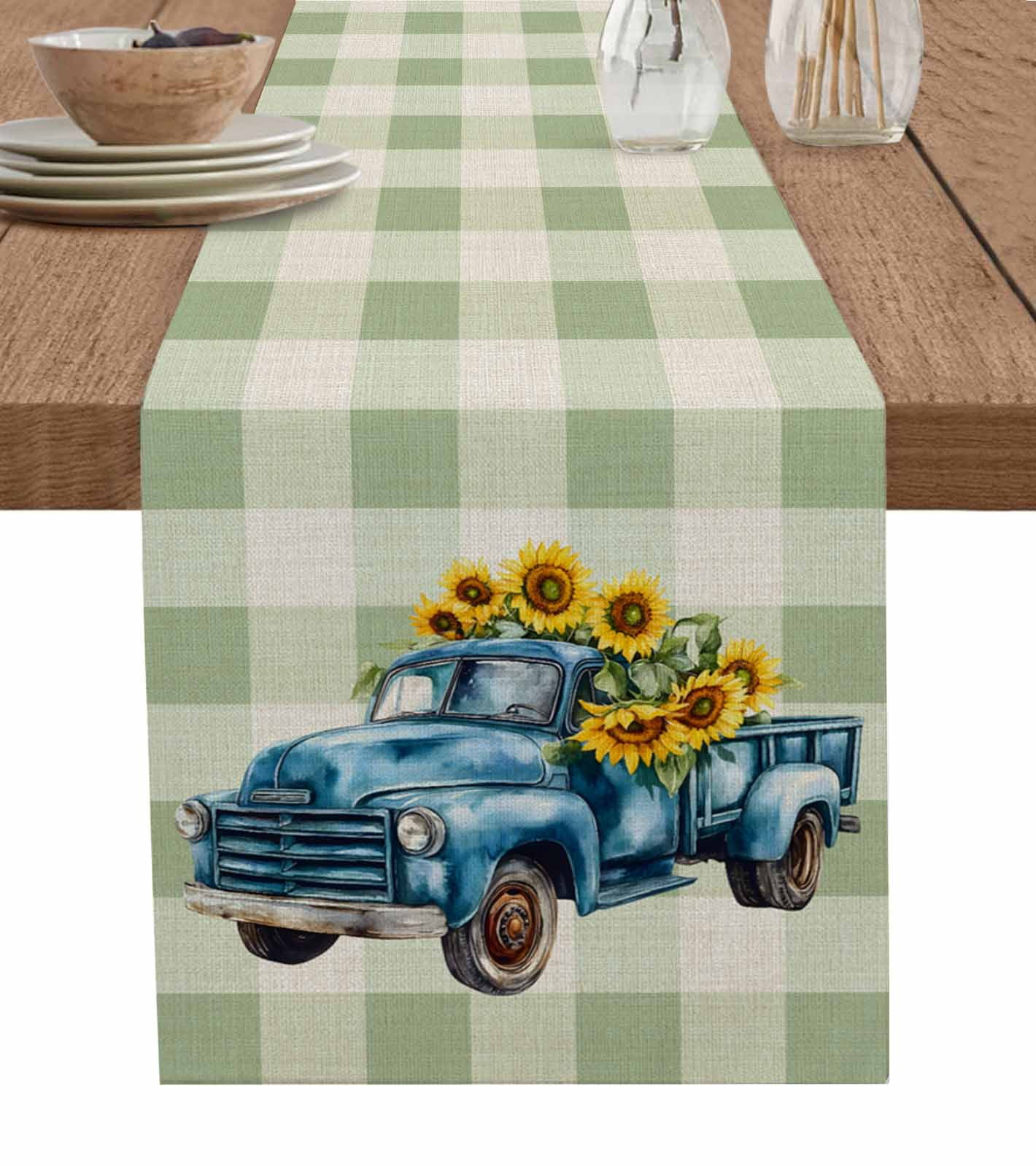 Blue Truck Yellow Sunflower Burlap Cotton Table Runner 18x72 Inches ...