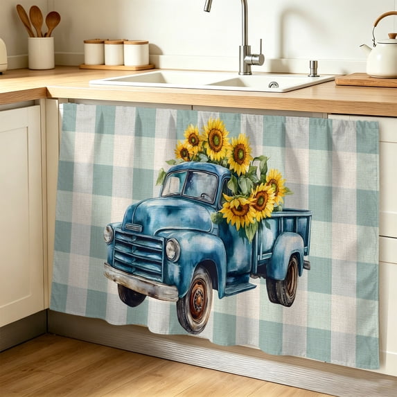 Blue Truck Yellow Sunflower Cabinet Curtains for Shelves, Summer Teal ...
