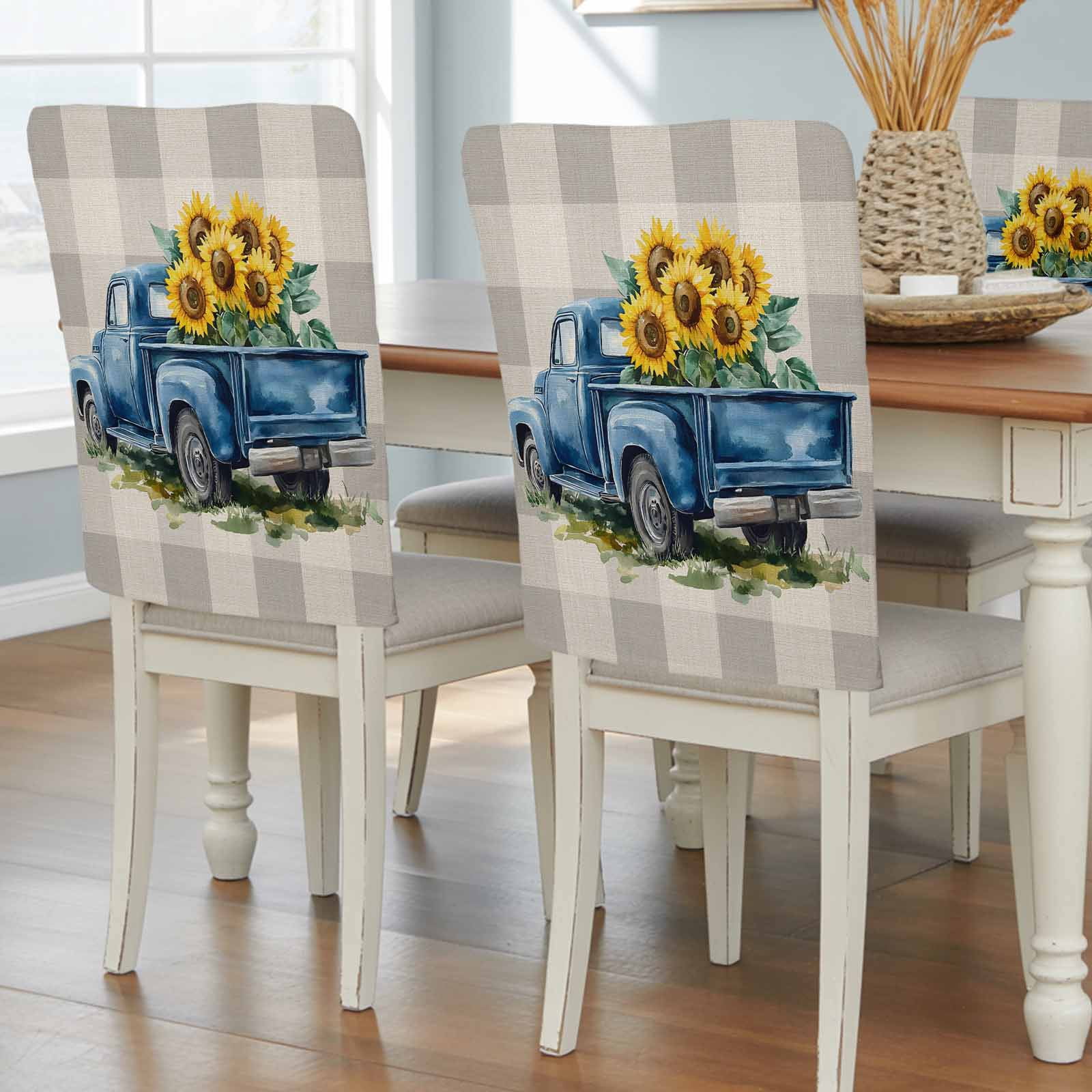 Blue Truck Yellow Sunflower Chair Back Covers, Summer Grey Plaid ...