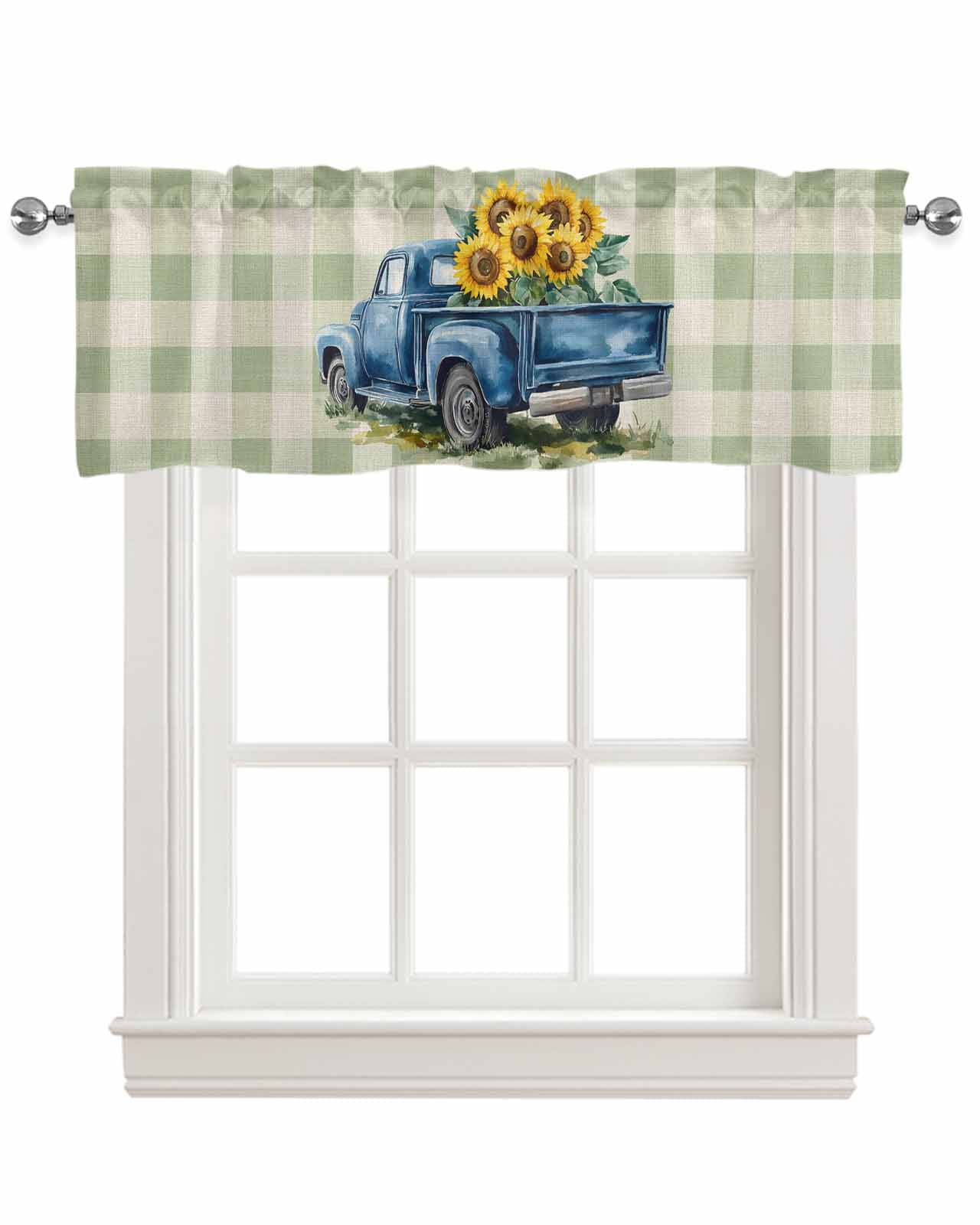 Blue Truck Yellow Sunflower Kitchen Valances for Windows Farmhouse ...