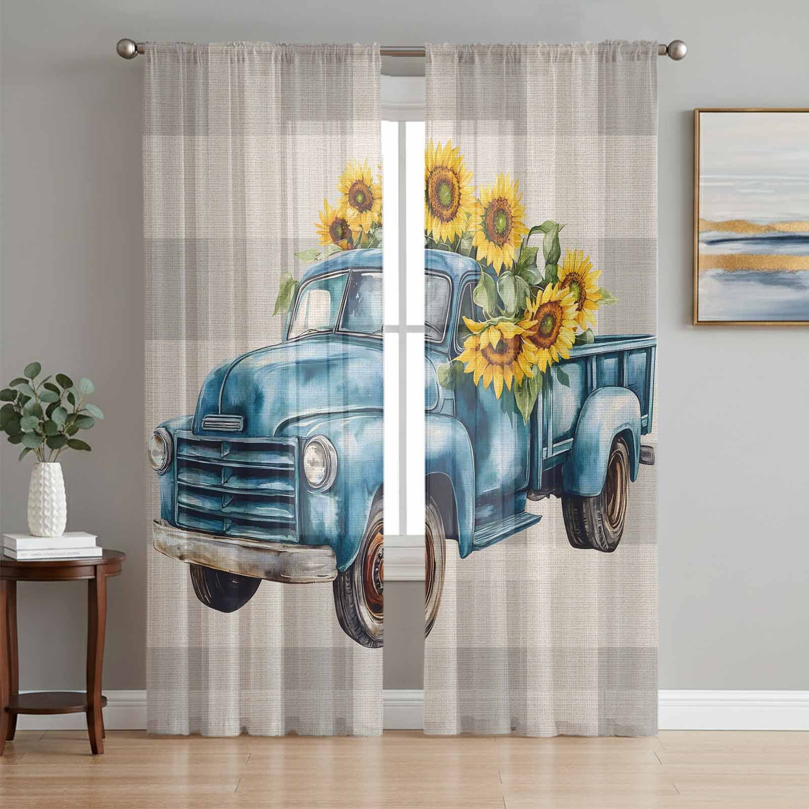 Blue Truck Yellow Sunflower Sheer Curtains 63 Inch Length 2 Panels Set ...