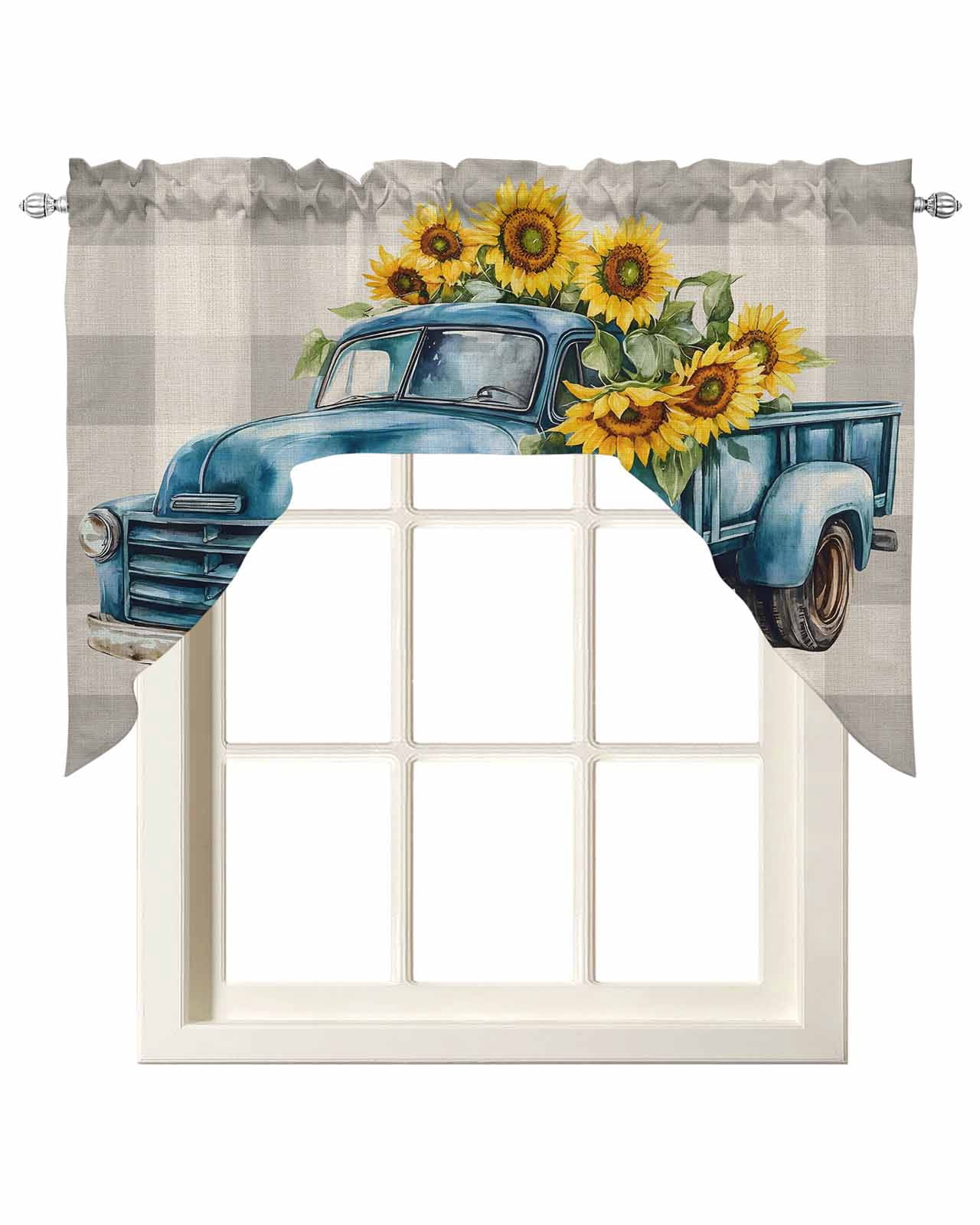 Blue Truck Yellow Sunflower Swag Curtains for Kitchen Summer Botanical ...