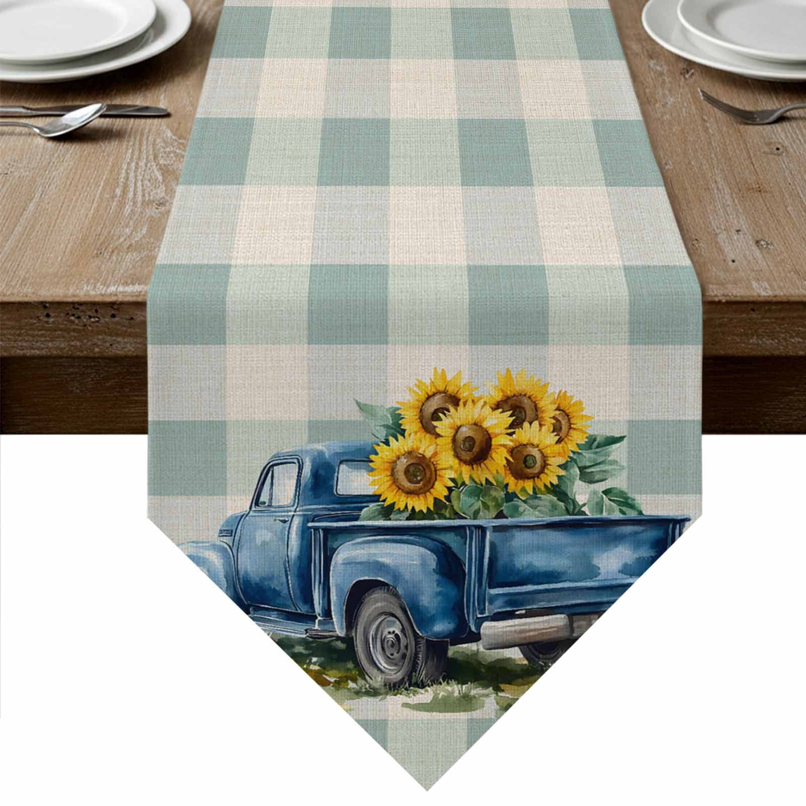 Blue Truck Yellow Sunflower Table Runner Linen Burlap Table Runner 60 ...
