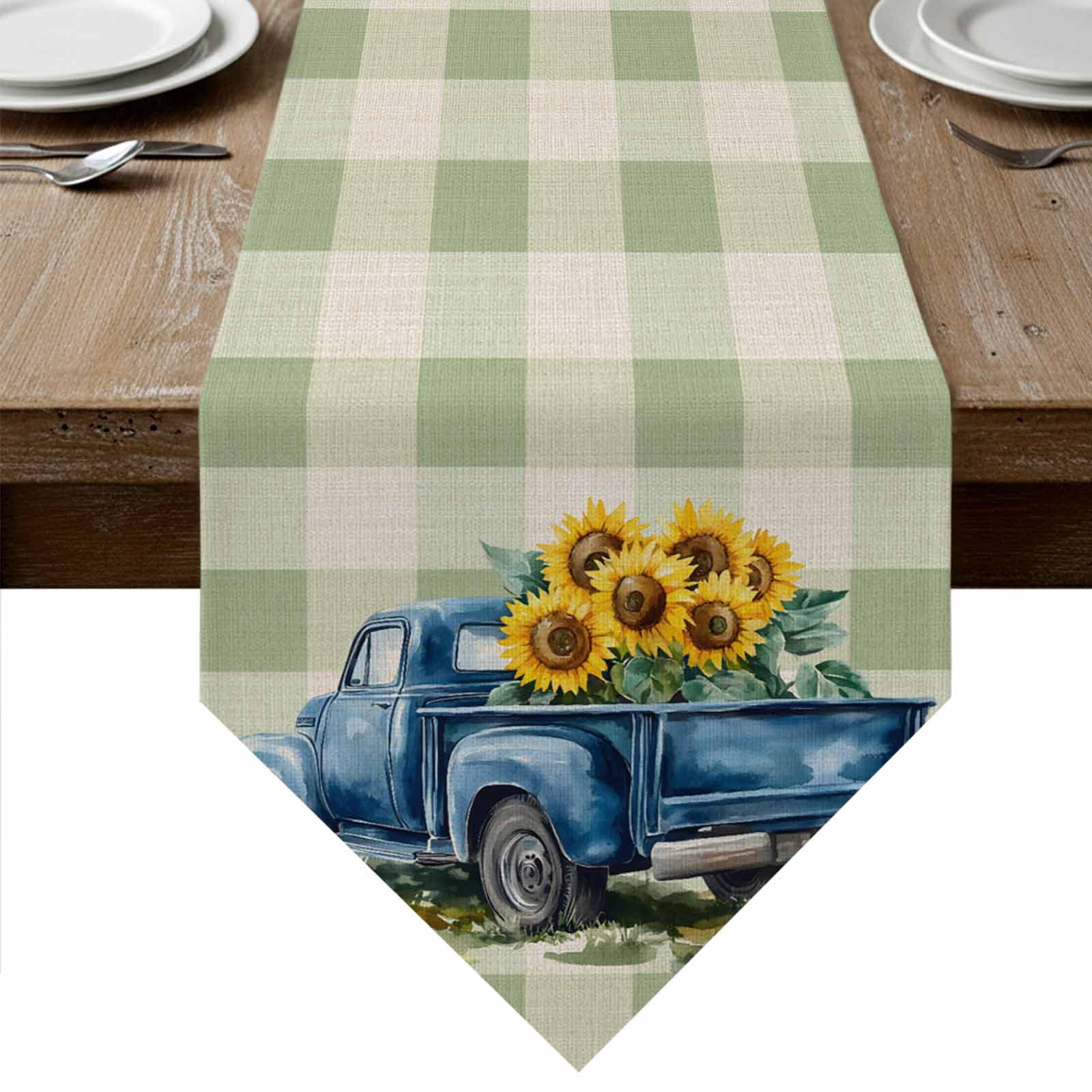 Blue Truck Yellow Sunflower Table Runner Linen Burlap Table Runner 72 ...