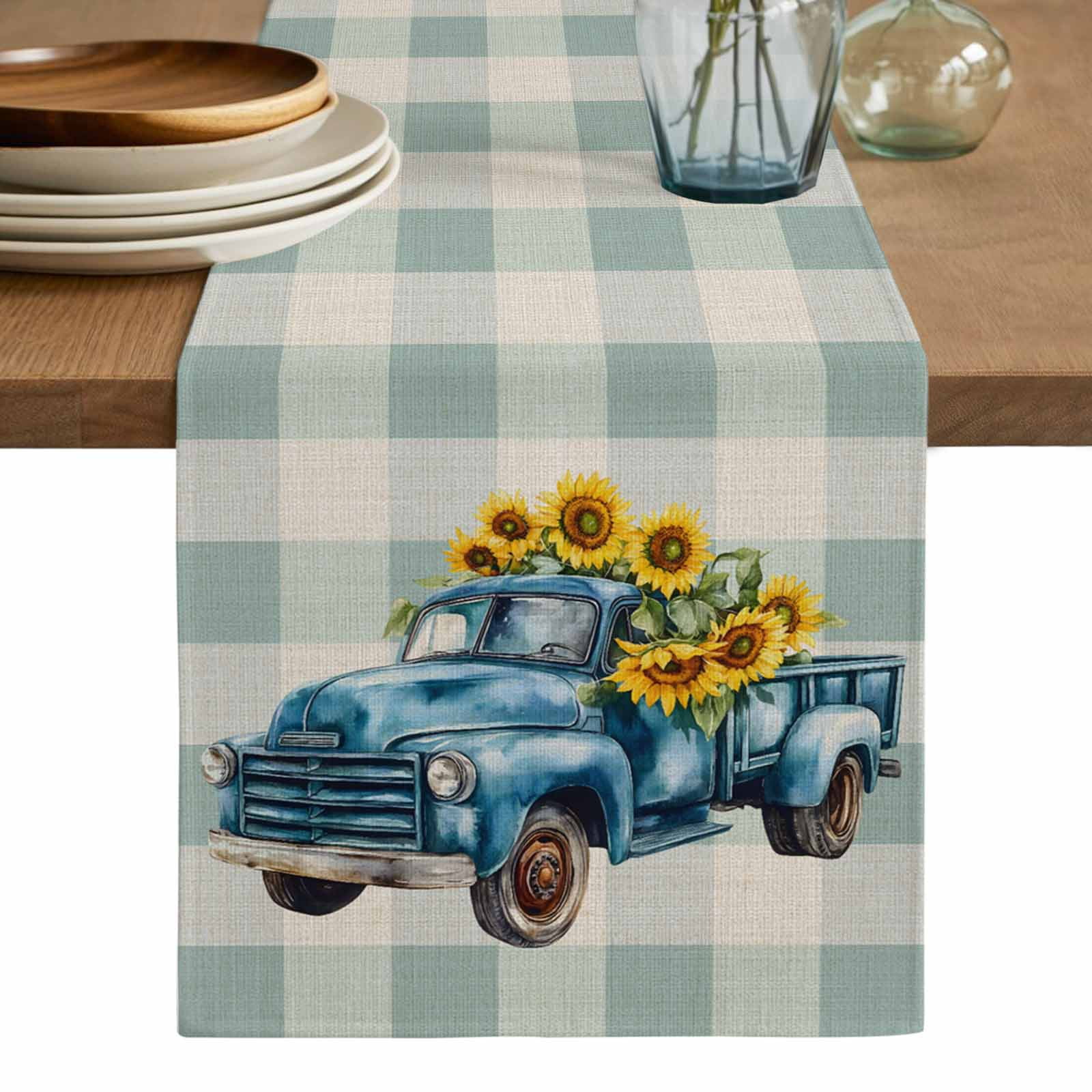 Blue Truck Yellow Sunflower Table Runner, Summer Teal Plaid Vintage ...