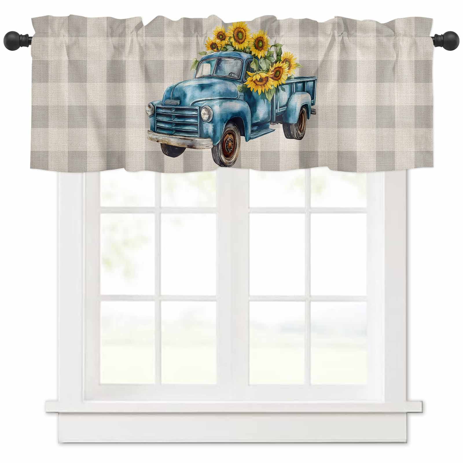 Blue Truck Yellow Sunflower Valances for Windows Farmhouse Kitchen ...
