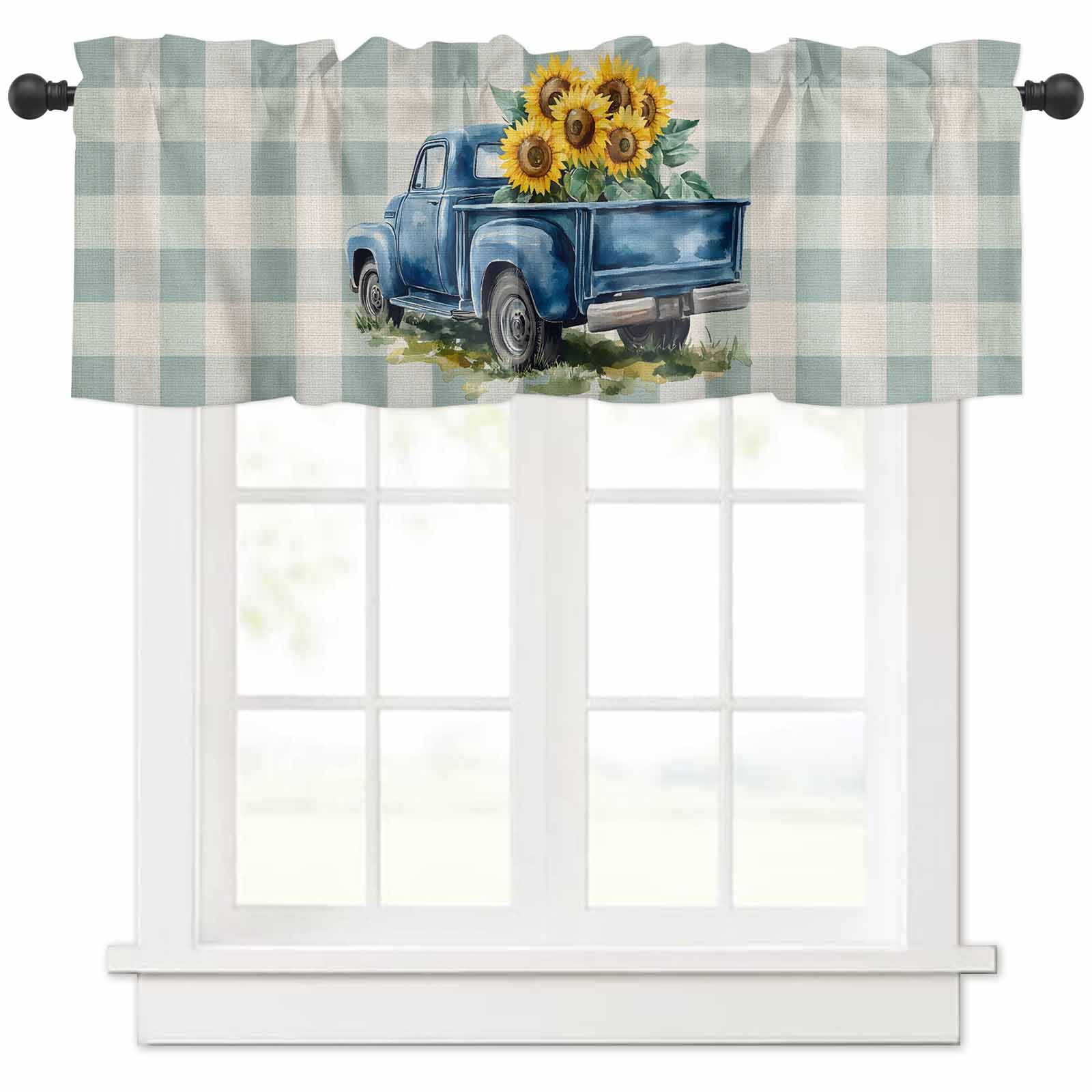 Blue Truck Yellow Sunflower Valances for Windows Farmhouse Kitchen ...