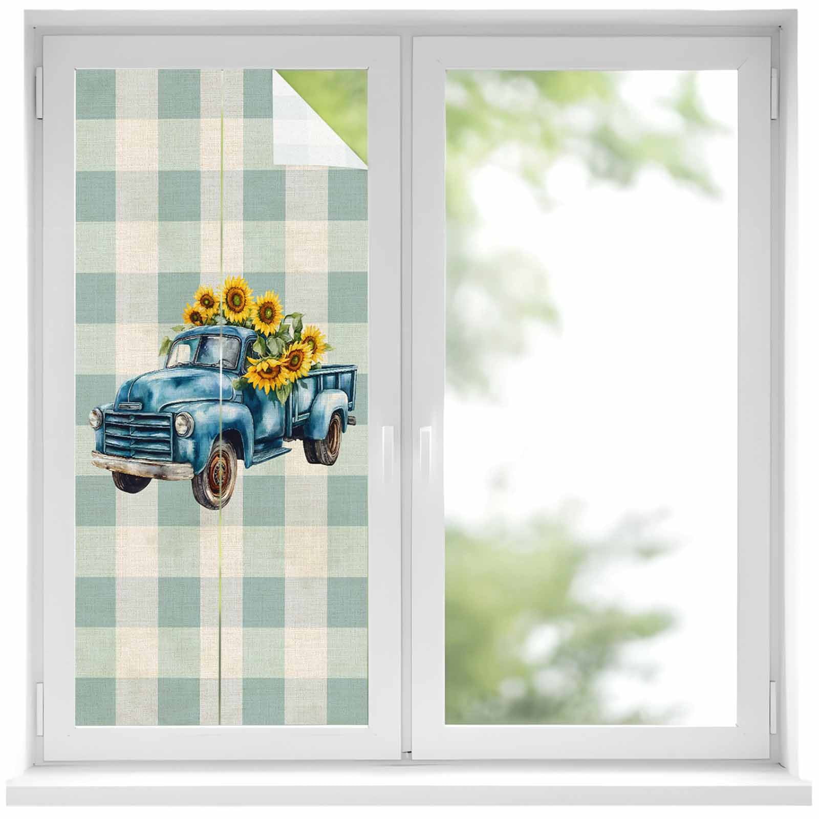 Blue Truck Yellow Sunflower Window Privacy Film, Summer Teal Plaid ...