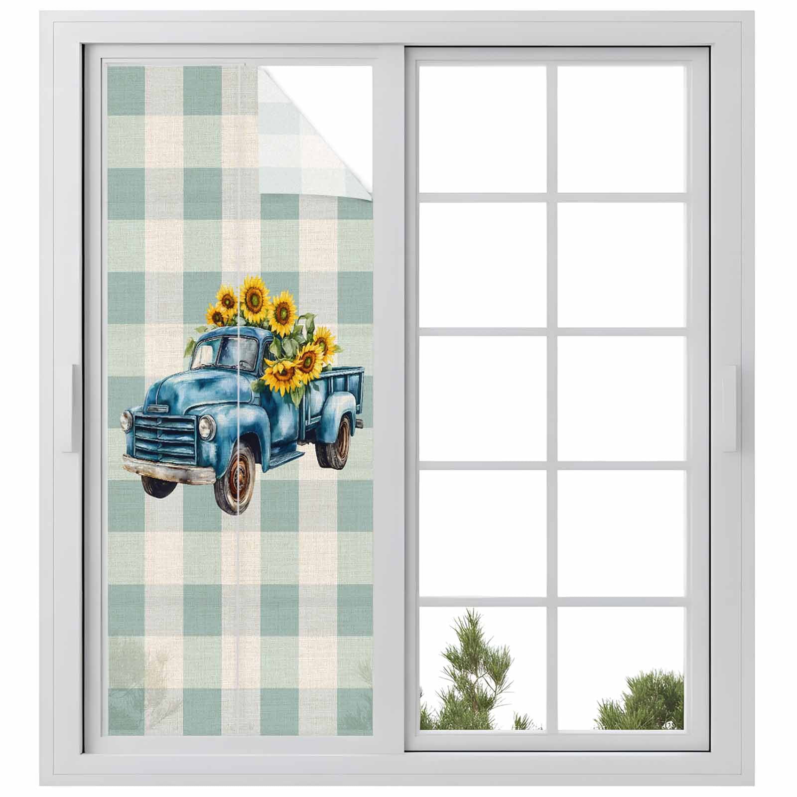 Blue Truck Yellow Sunflower Window Privacy Film, Summer Teal Plaid ...