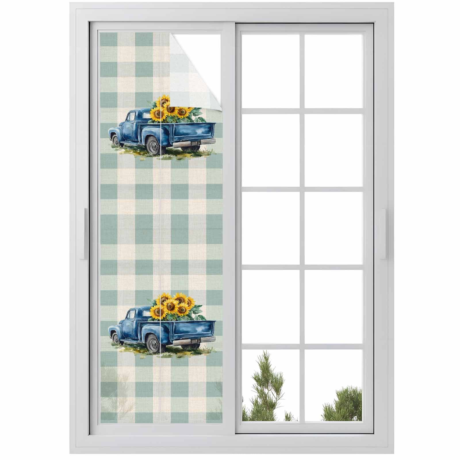 Blue Truck Yellow Sunflower Window Privacy Film, Teal Plaid Vintage ...