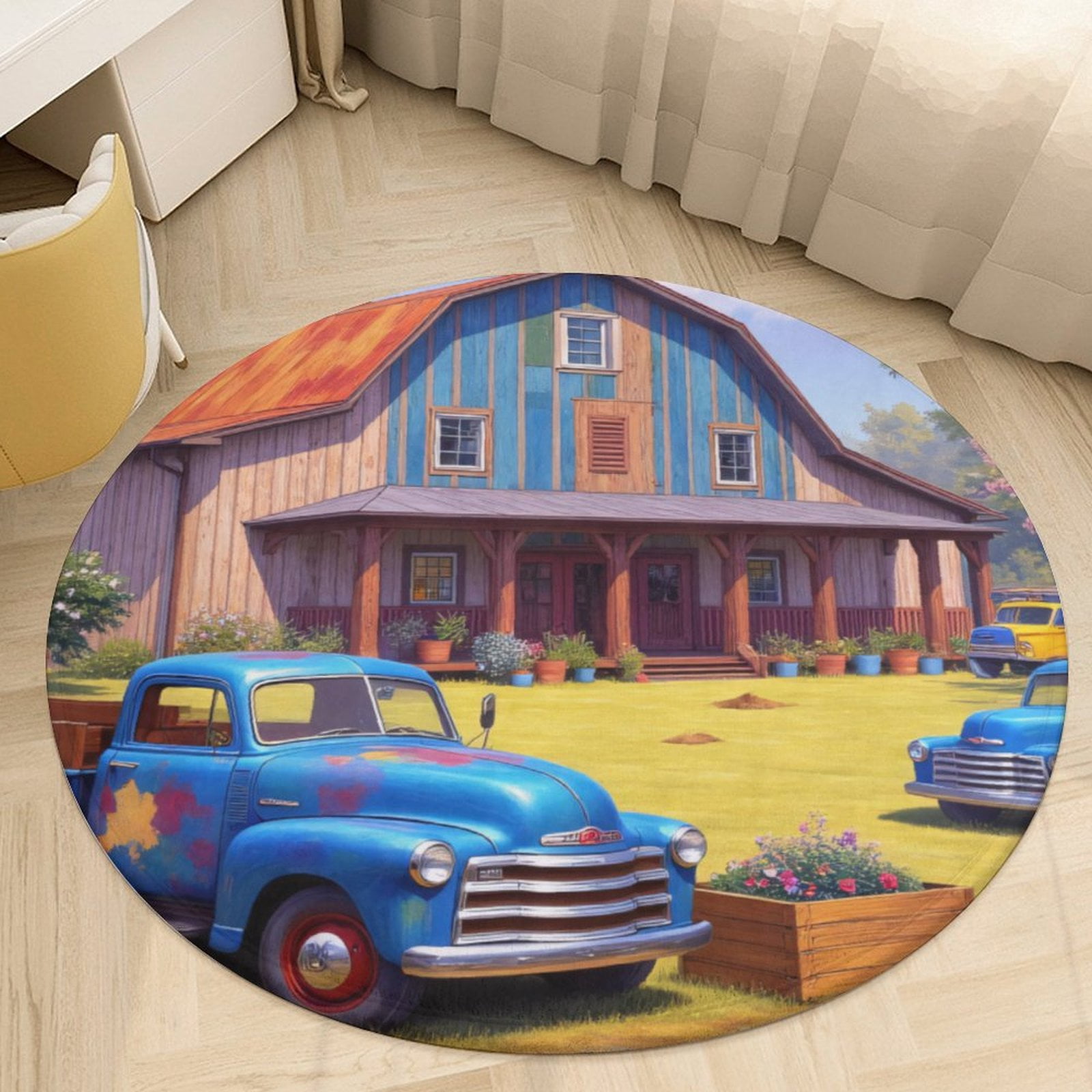 Blue Truck with Sunflower Design Round Area Rugs for Bedroom Living ...
