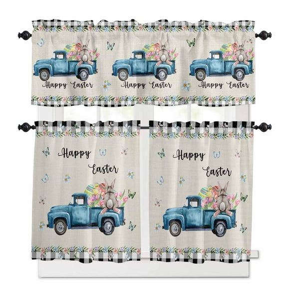 Blue Trucks Kitchen Curtains Valances and Tiers Set of 3 Happy Easter ...