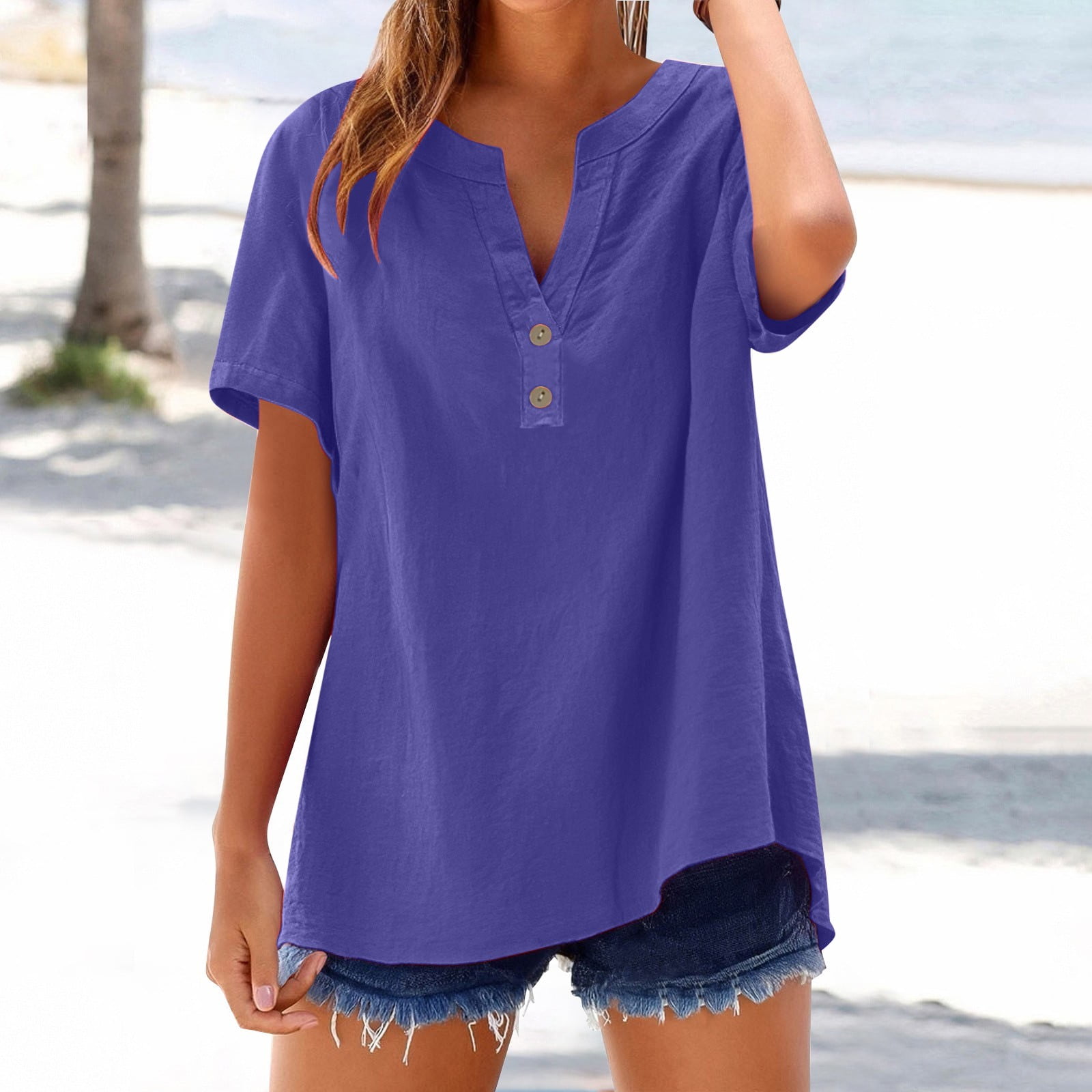 Blue Tshirts for Women Loose Button Shirt Top Stand Solid Color Sleeve ...
