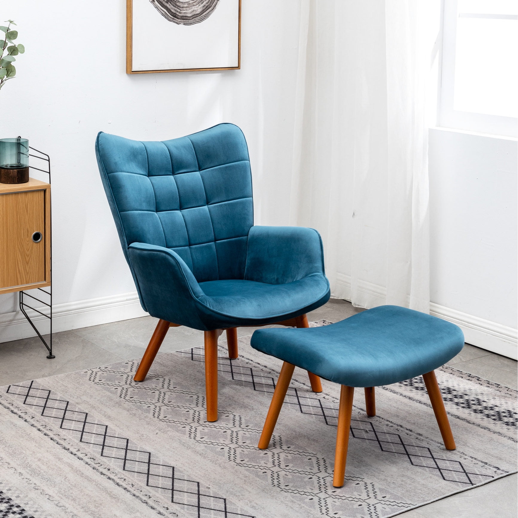 Blue Tufted Seating Combo / Strong Rubber Wood, 300 lb Load / Useful in ...