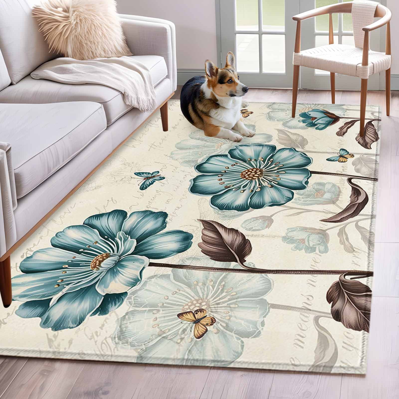 Blue Tulip Area Rug 3x5 Washable Rug Non Slip Vintage Floral Leaves ...