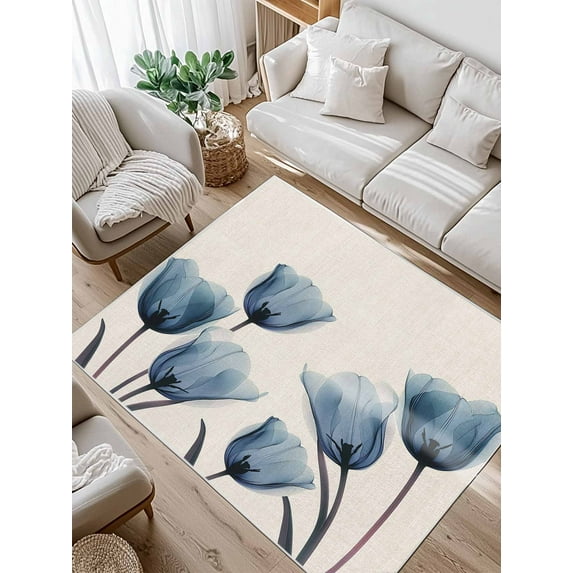 Blue Tulip Area Rug for Bedroom 2.7x5 Ft Minimalist Modern Flower Art ...
